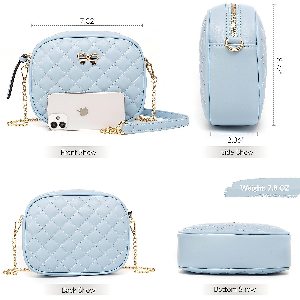 Womens Light Blue Shoulder Crossbody Purse - Girls Cute Small Pocketbook Handbag Quilted Leather Tote Bags Ladies Satchels