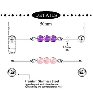 Longbeauty 14G Stainless Steel Industrial Barbell Earring Cartilage Piercing Jewelry Natural Stone Industrial Piercing Bar Length 38mm (B: 6Pcs)