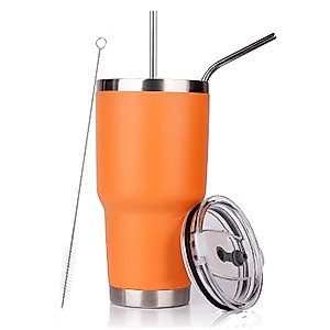 DYNAMIC SE 30oz Tumbler Double Wall Stainless Steel Vacuum Insulated Travel Mug with Splash-Proof Lid Metal Straw and Brush (Orange)