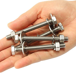 1/4-20 x 4 Hex Head Bolts with Hex Nuts and Thick Flat & Lock Washers, Fully Threaded, Stainless Steel 18-8, Plain Finish, 8 Sets