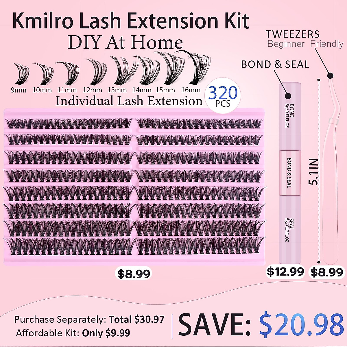 DIY Eyelash Extension Kit with 320 Pcs 60D Lash Clusters, Bond and Seal and Lash Applicator Tool 9-16mm Mix D Curl Individual Lashes Kit for Beginners Self Application DIY at Home, by Kmilro
