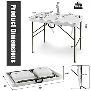 Giantex Fish Cleaning Table w/ 2 Sinks, Faucet, Hose Hook Up, Portable Folding Camping Table w/Measure Mark, Outdoor Fillet Cleaning Station for Fishing Beach Picnic (with Water Hose Holder)