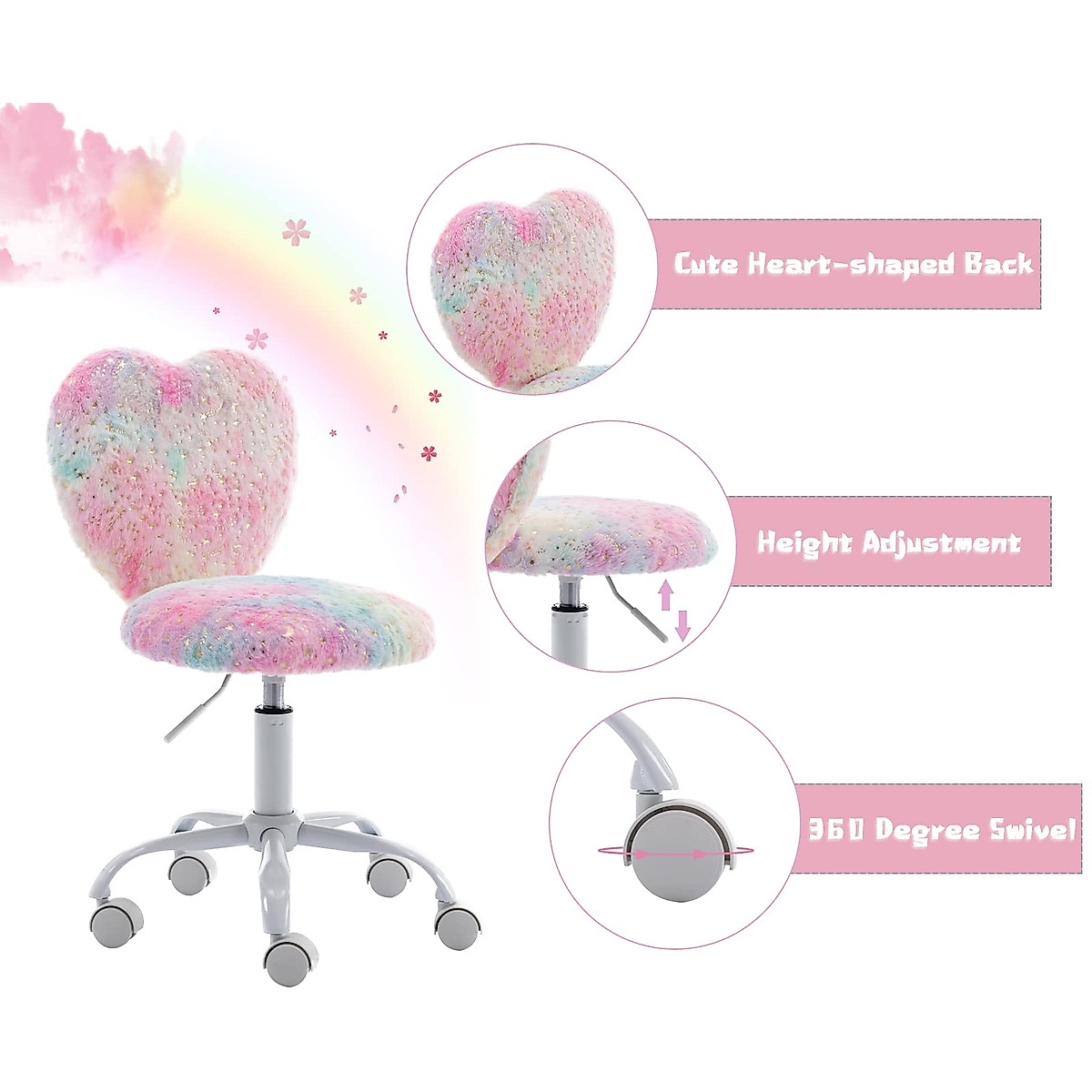 chairus Kids Desk Chair Faux Fur Study Chair for Teenage Girls, Adjustable Heart Shaped Kids Vanity Chair for Bedroom Reading Living Room, Small Cute Student Task Chair with White Foot, Colorful