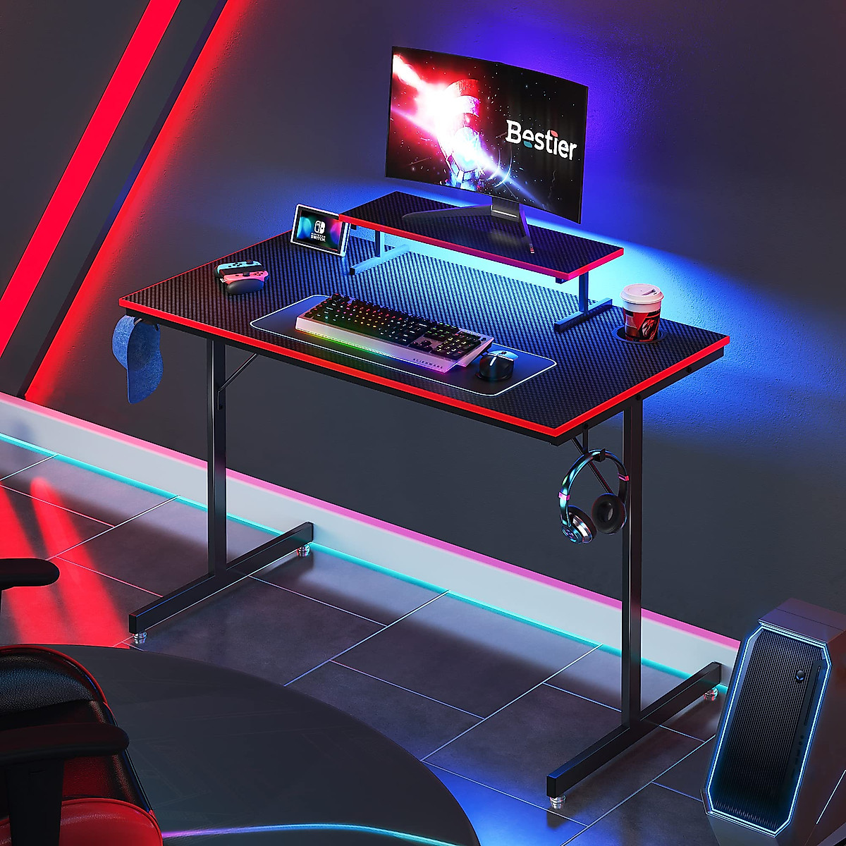 Bestier Gaming Desk with LED Lights 44" Small Computer Desk for Home Office Table with Cup Holder and 2 Headphone Hooks, Black
