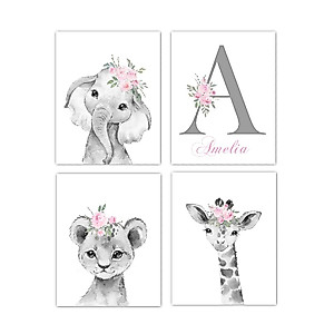 Baby Girl Nursery Wall Art Pink Floral Safari Animals Elephant Giraffe Lion Room Decor 4 UNFRAMED PRINTS