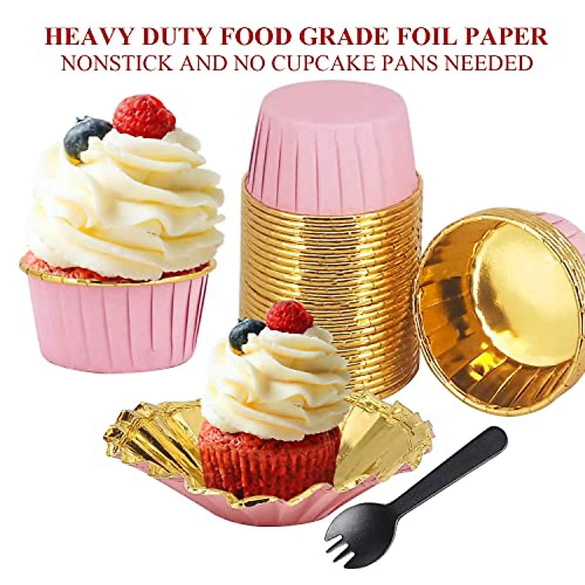 Cupcake Liners And Wrapers With Lids 50 Pack,LNYZQUS 5.5 Oz Large Foil Muffin Tins Or Liners,Disposable Baking Cups, Cupcake Wrappers Holders For Wedding Valentine-Pink in gold