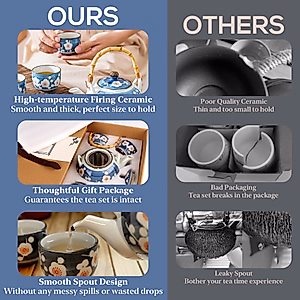 PUNNIO Japanese Tea Set, Japanese Style Porcelain Tea Sets for Adult, 1 Ceramic Tea Pot with Handle & 1 Stainless Steel Tea Filter & 6 Tea Cups (Sakura)