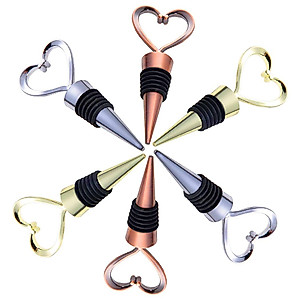 6Pcs Decorative Wine Bottle Stoppers, MERYSAN Stainless Steel Love Shape Design Beverage Bottle Stopper Reusable Plug for Wedding Party Gifts Favors (2Pcs Silver+2Pcs Bronze+2Pcs Gold)