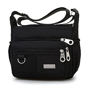Iyasen Nylon Multi-Pocket Crossbody Purse Bags for Women Messenger Bag Lightweight Travel Waterproof Shoulder Bag (Black)