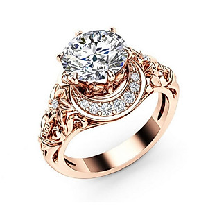 HUKQBUNX 18k Rose Gold morsonite Hollowed Out Flower Flower Crescent Diamond Multi Crystal gem morsonite Women's Precious Fashion Wedding Engagement Diamond Ring Size 6-10 (Size 7)