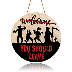 Door Wreaths Welcome Sign, Door Decorations Funny Horror Decor, Farmhouse Door Sign Hanger, Scary Ghost Sign 3D Farmhouse Wooden Home Decorations for Porch Window Christmas Party
