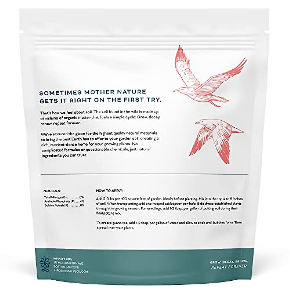 Infinity Soil - Seabird Guano - Sustainable and Natural Soil Amendment - Seabird Waste Rich in Phosphate and Calcium - Increases Foliage, Blooms and Fruit - 5 LBS