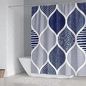 ALEXEX 4Pcs Boho Shower Curtain Sets, Geometric Shower Curtain Sets with Rugs, Bath Mat, U Shape and Toilet Lid Cover Mat, Blue White Shower Curtain with 12 Hooks for Bathroom Set Decor(72 x 72 Inch)