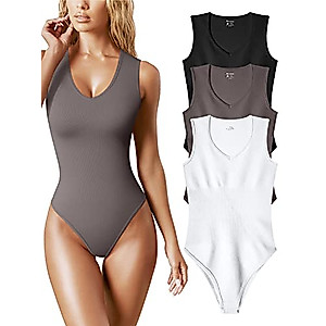 OQQ Women's 3 Piece Bodysuits Sexy Ribbed V Neck Sleeveless Tank Tops Bodysuits Black Tea leaf White