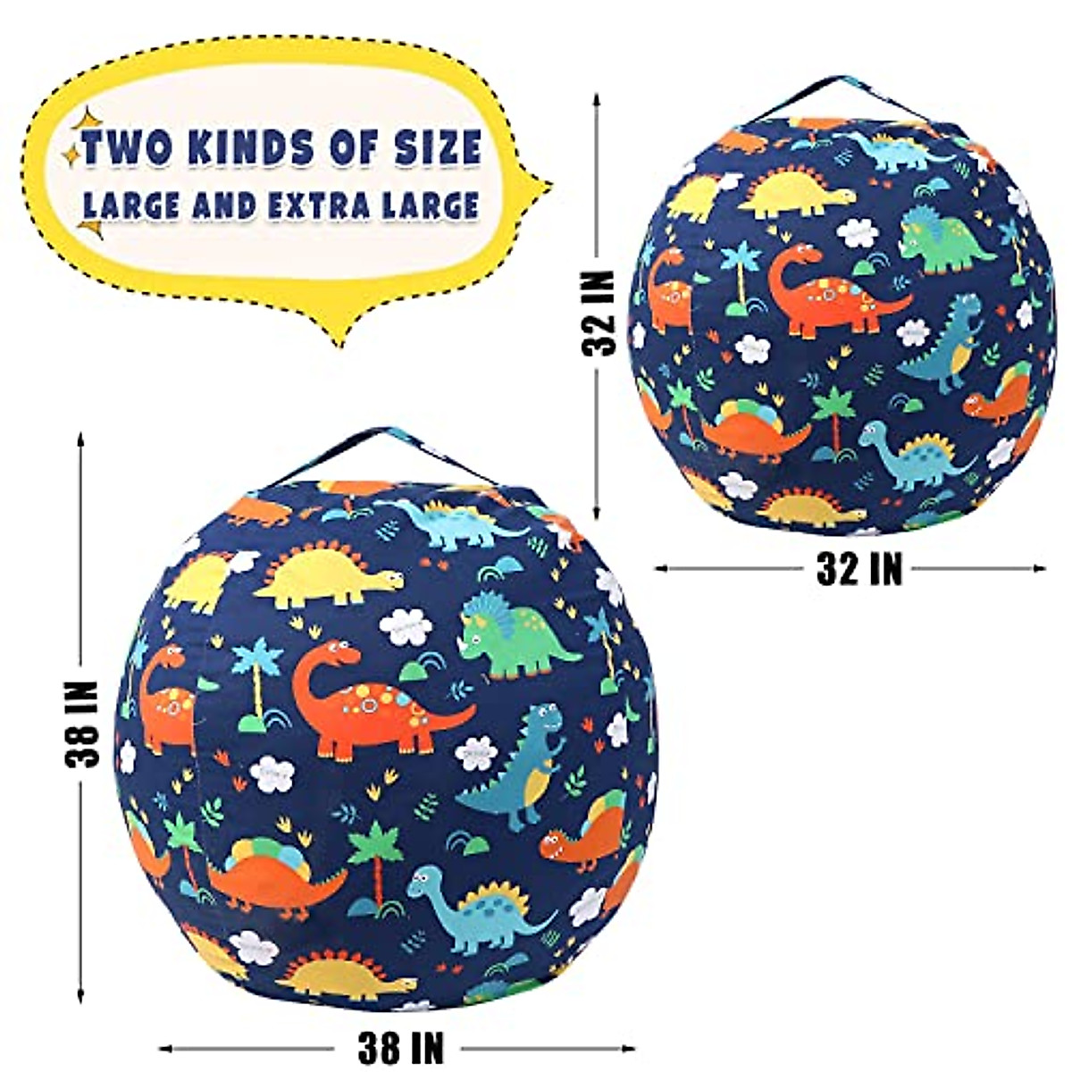 LOLOMLO Stuffed Animal Storage Bean Bag Chair Cover, Hold Kids Plush Toys Blankets Towels Beanbag (Cover Only), Floor Circle Stuff Sit Seat Sofa with YKK Zipper, Large 32", Canvas Dinosaur