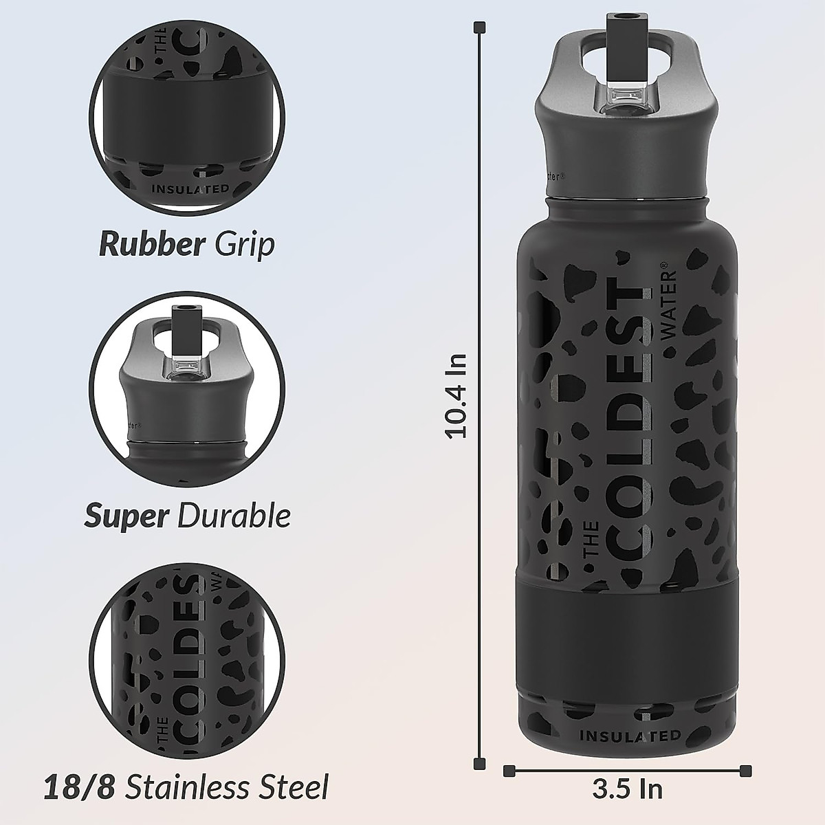 Coldest Sports Water Bottle with Straw Lid Vacuum Insulated Stainless Steel Metal Thermos Bottles Reusable Leak Proof Flask for Sports Gym(32 oz, Black Leopard)