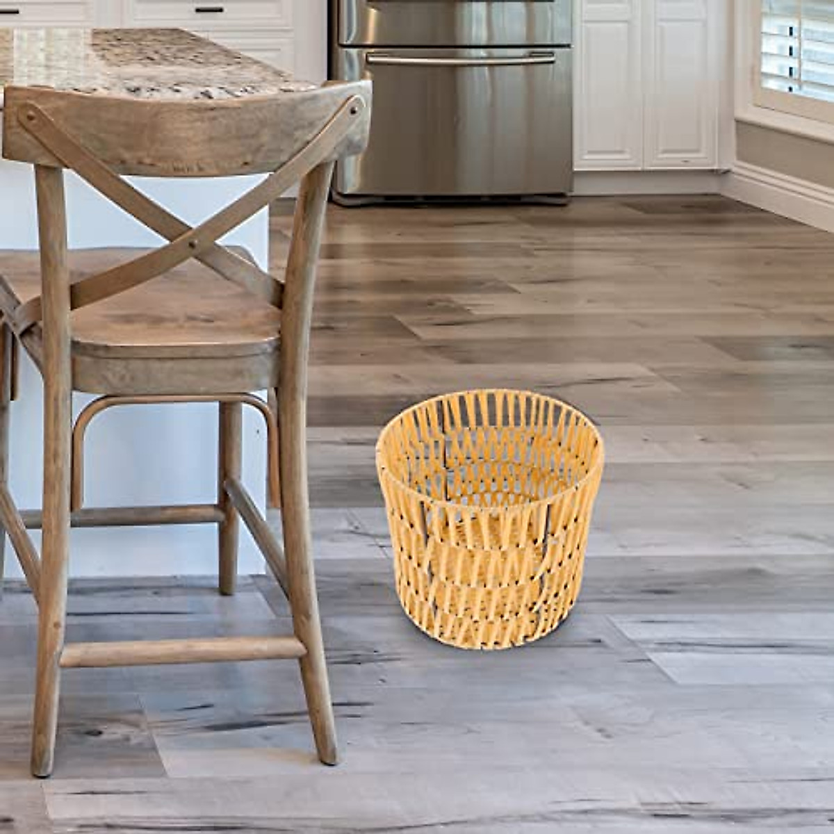 PRETYZOOM Natural Woven Basket Round Trash Basket Rattan Garbage Bin Waste Basket Organizer Trash Basket Toy Container Kitchen Decoration (Khaki)