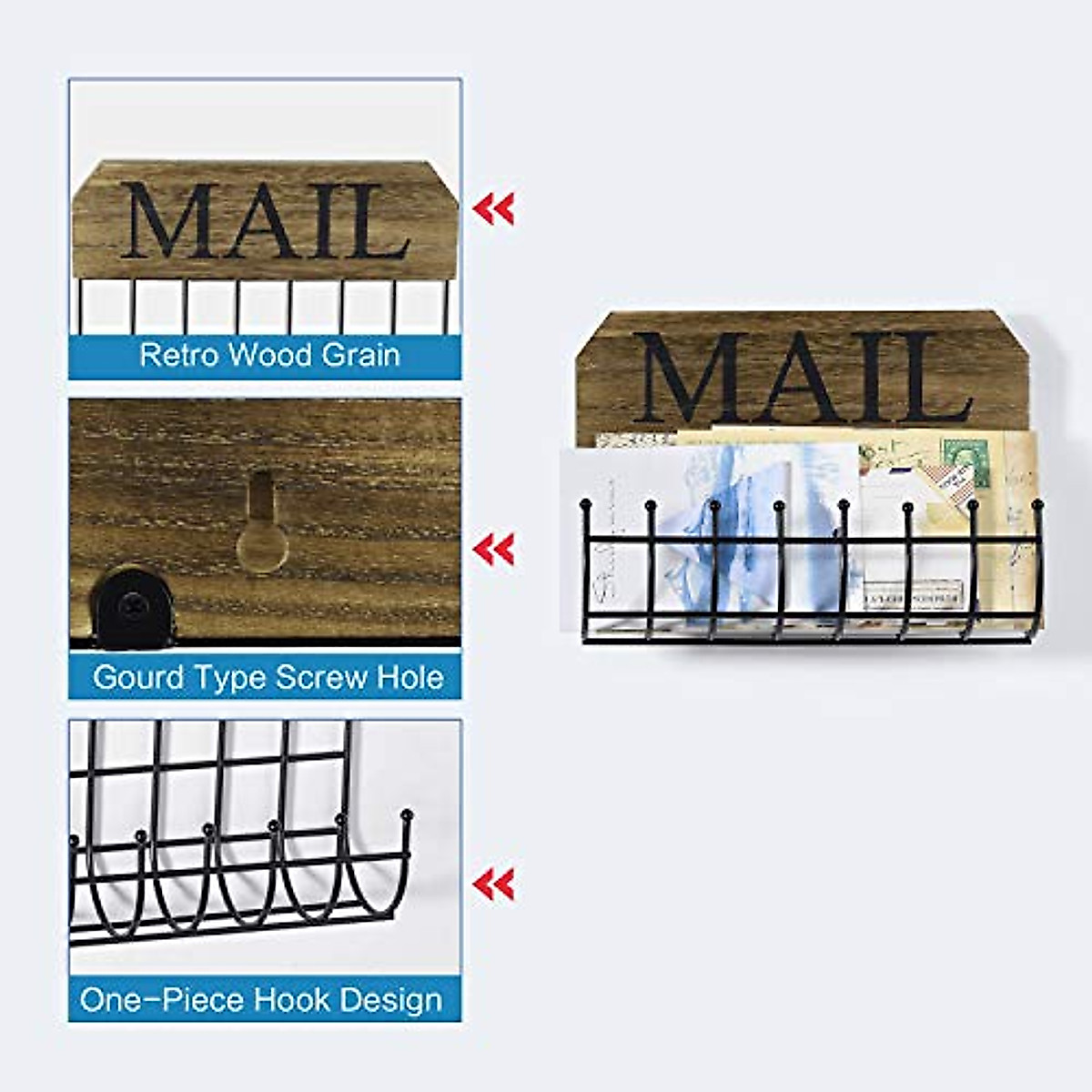 SRIWATANA Rustic Mail Holder Organizer, Key Holder Wall Mount Mail Sorter for Hallway Foyer and Home Decoration - Carbonized Black