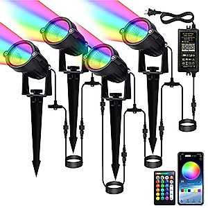 Led Landscape Lighting 12W RGB Color Changing Bluetooth App Controlled 24V Low Voltage Landscape Lights with Transformer，IP66 Waterproof Outdoor Spotlights for Trees/Pathway/Garden Lights(4Pack)