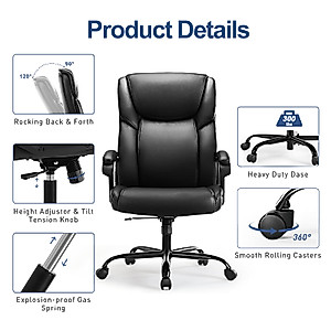 Executive Office Chair - Ergonomic Big and Tall Home Computer Desk Chair with Lumbar Support, PU Leather, High Back , Adjustable Height & Swivel