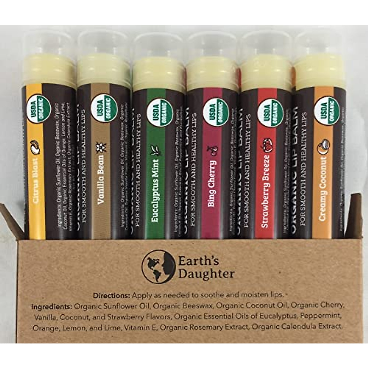 USDA Organic Lip Balm 6-Pack by Earth's Daughter - Fruit Flavors, Beeswax, Coconut Oil, Vitamin E - Best Lip Repair Chapstick for Dry Cracked Lips - Moisturizing Lip Care For Kids And Adults