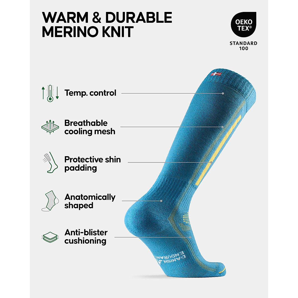 DANISH ENURANCE Merino Wool Performance Ski Socks for Men, Women & Kids, Blue/Yellow, US Women 8-10 // US Men 6.5-8.5