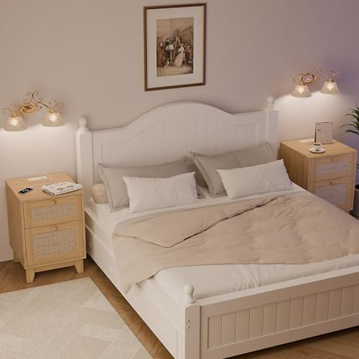 Modern Wicker Rattan Nightstand Set of 2,Rattan Stand with Drawer and Charge Station, Wooden Side Table for Small Spaces, Natural Wood BedsideTable for Bedroom,Easy Assembly(with Charging Station,2)