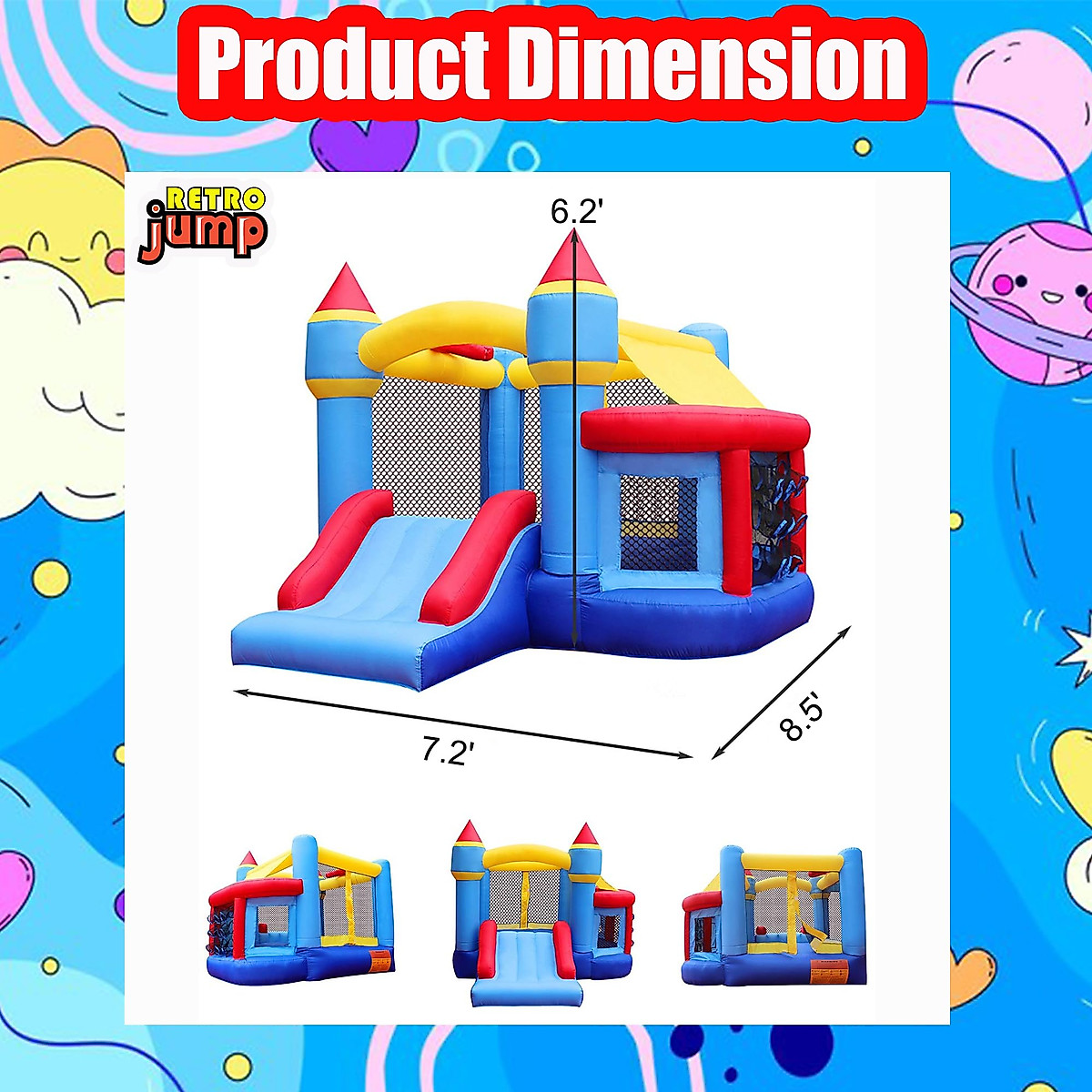 RETRO JUMP Inflatable Bounce House, Bouncy House for Kids Outdoor, Inflatable Kids Bounce House with Jumping Ball Pit & Basketball Hoop, Ocean Balls, Blower, Patch Kits, Stakes, Carrying Bag
