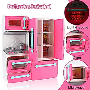 Doll Size Pink Gourmet Kitchen Cooking Toy Play Set | Play House & Accessories with Doll | Girls Pretend Play Furniture Appliances with Lights & Sound