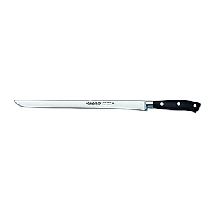 ARCOS Slicing Knife / Ham Knife 12 Inch Nitrum Stainless Steel and 300 mm blade. Ergonomic Polyoxymethylene POM Handle.Series Riviera. Elegant design, along with the comfort of its handle. Color Black