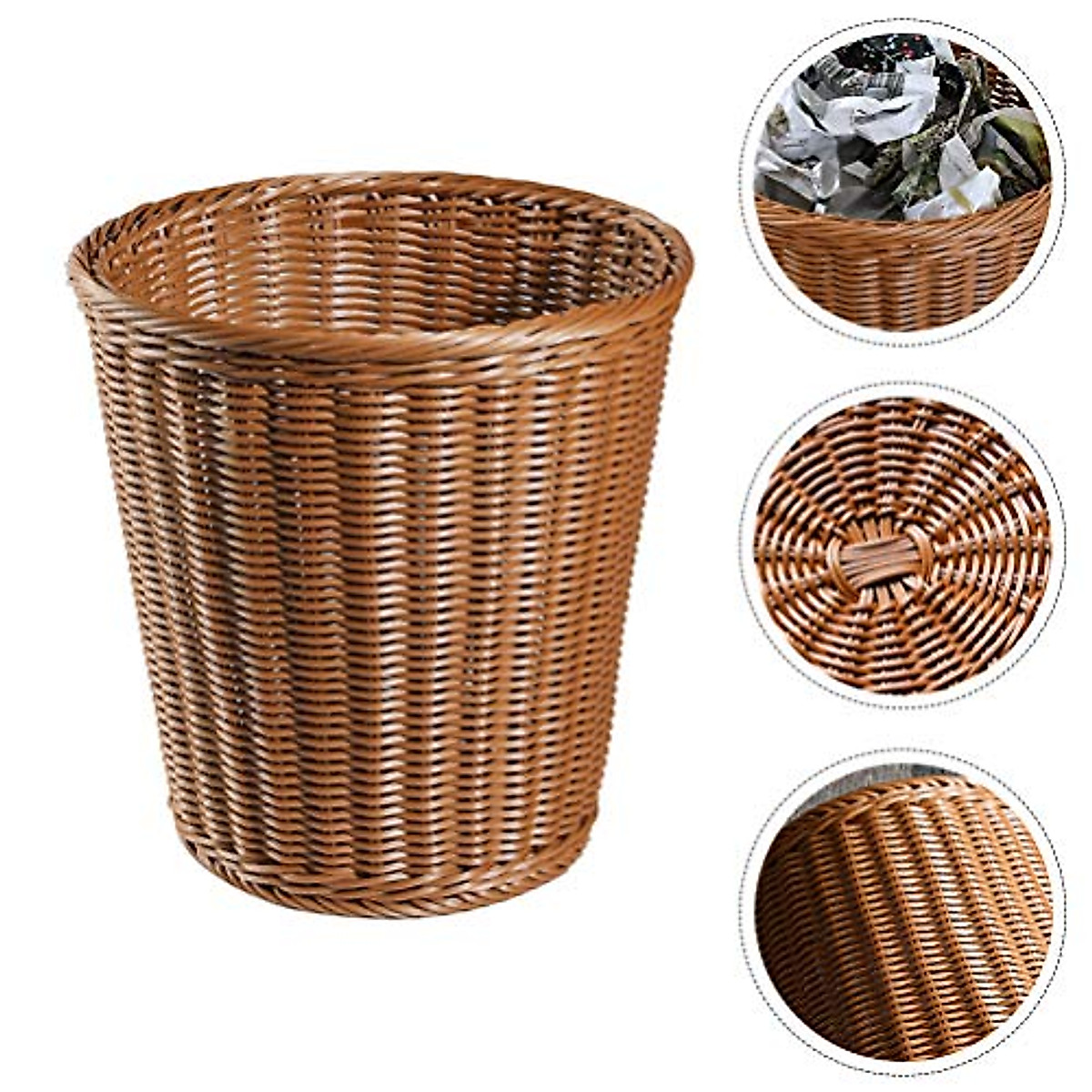 Wakauto Trashcan Paper Wastebasket Rattan Woven Storage Baskets Decorative Farmhouse Open Trash Can Rubbish Bin Container Laundry Organizer Basket for Bedroom Desktop Light Brown Rattan Basket
