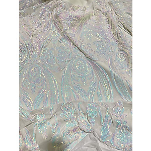 White Iridescent Geometric Stretch Sequin Fabric by The Yard | 4 Way Stretch Fabric Spandex Lace Fabric | White Stretch Mesh Embroidery with 3mm Sequin | White Iridesecent Sequin Fabric-Per Yard