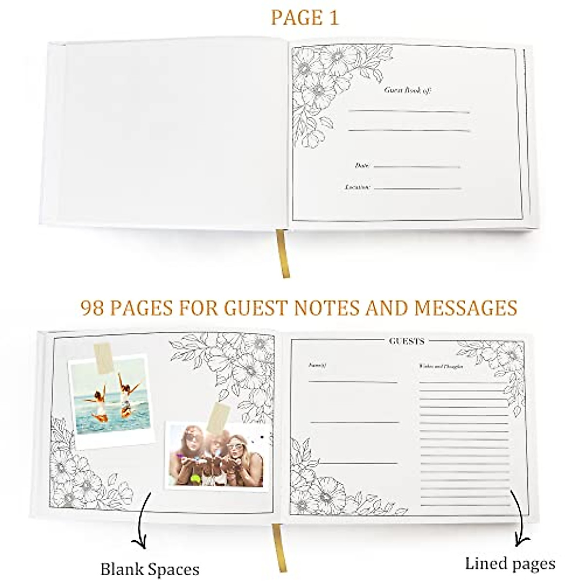 LotFancy Wedding Guest Book, 10x8’’ Sign in Book, 128 Pages Thick Paper with Gold Foil Hardcover, Personalized Keepsake for Reception, Baby Shower, Anniversary, Birthday
