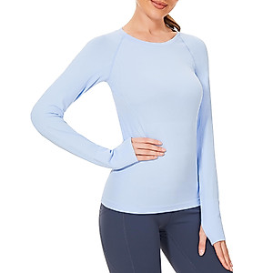 Stelle Women Workout Shirts Seamless Long Sleeve Yoga Tops with Thumb Holes for Sports Running Breathable Athletic Slim Fit Blue