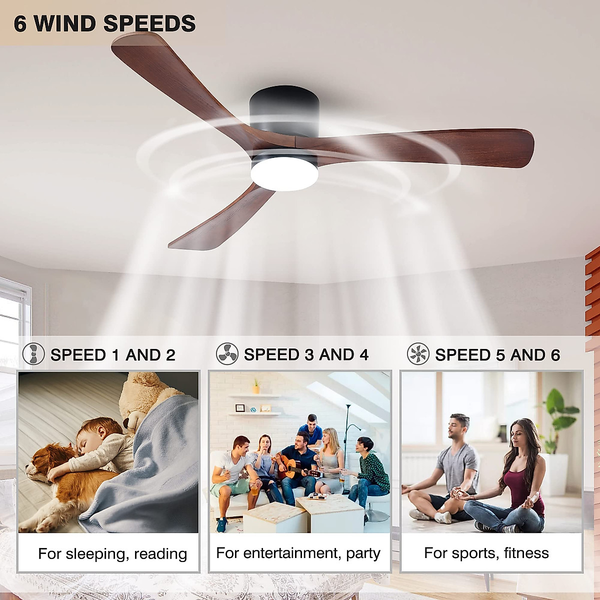 HUMHOLD 52" Wood Ceiling Fan with Lights Remote, Reversible DC Motor 6-Speed Ceiling Fan, 3 Blades Low Profile Flush Mount Ceiling Fans, Modern Ceilingfans for Low Profile, Walnut and Matte Black