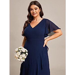 Ever-Pretty Plus Women's V Neck Ruffle Hem Short Sleeves A-line Plus Size Wedding Guest Dress Navy Blue US20