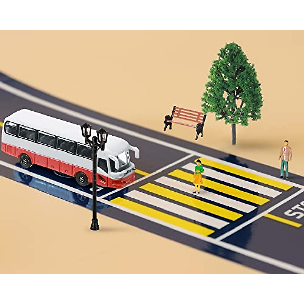 64 Pcs Railway Scenery Model Trains Architectural 1: 50 Scale Painted Figures Include Miniature People Mini Cars Light Lamp Bench Lawn White Colored Lines Trees Train Accessories for Micro Scene DIY