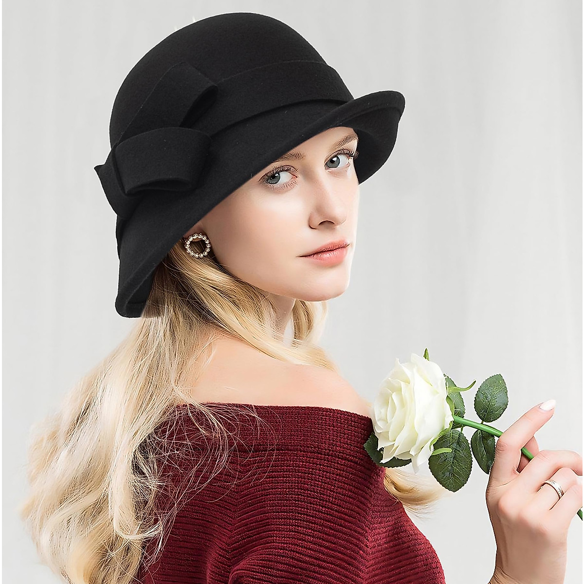 Womens Winter-Cloche-Hat 1920s Classic-Church-Dress Wool-Felt-Bucket-Hats with Flowers(M-L)