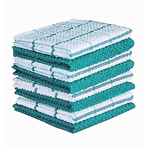 AMOUR INFINI Super Saver Bundle Pack of 4 Terry Dish Towels + 8 Dish Cloths | Ultra Soft and Absorbent Kitchen Towel & Dishcloth Combo | 100% Cotton Dishtowels for Washing Up | Teal