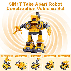 Toy Car Set for Kids 5 in 1 Transform Robot Take Apart Toys Building Toys Excavator Construction Vehicle Robot Toy with Sound and Light Effect for 3 4 5 6 7 8 Olds Boys and Girls Gift