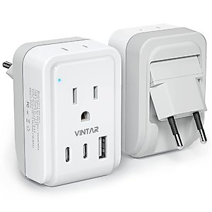 1 Pack European Travel Plug Adapter, VINTAR Foldable International Power Plug with 2 AC Outlets 3 USB Ports(2 USB C), Type C Travel Essentials Charger for US to Most of Europe EU Italy Spain France