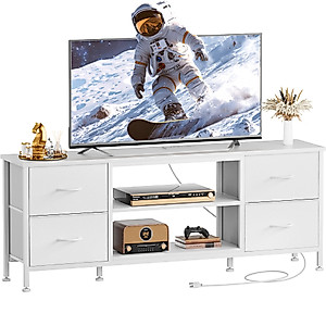 Lulive TV Stand Dresser for Bedroom with Power Outlet & Open Shelf, Media Console Table with 4 Fabric Drawers Storage Organizers (White, 50 Inch TV Stand)