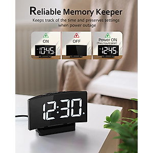 GOLOZA Digital Alarm Clock for Bedroom, Digital Clock with Modern Curved Design, Conspicuous White LED Numbers, 5 Levels Brightness+Off, 2 Volume, 3 Alarm Tones, Snooze,Power-Off Memory,12/24H