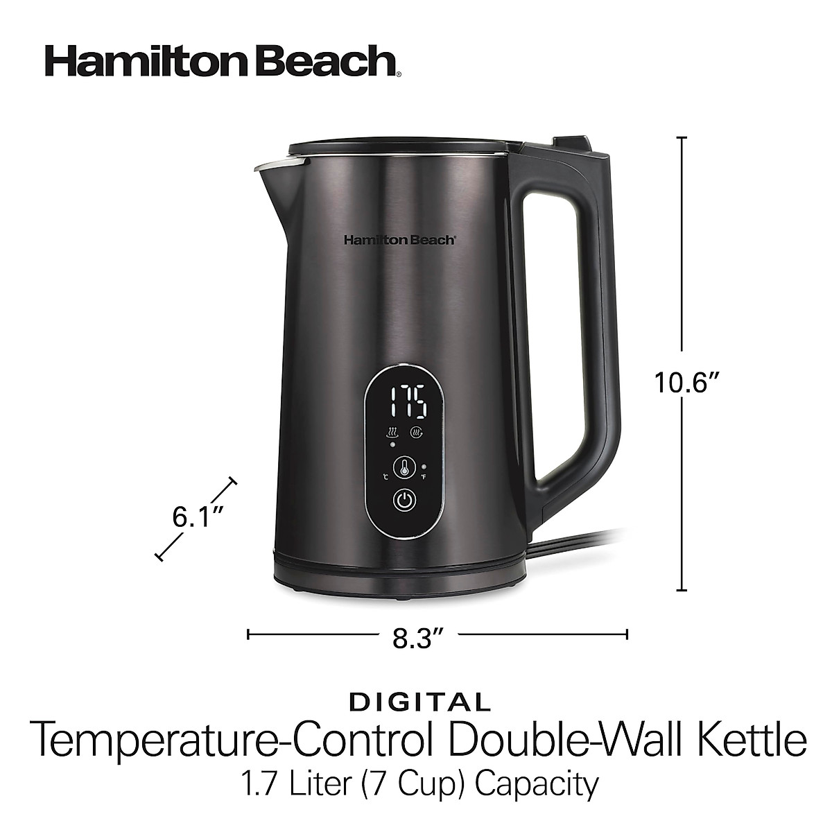 Hamilton Beach Digital Temperature Control Electric Tea Kettle, Hot Water Boiler & Heater 1.7L, 5 Preset Modes + Keep Warm, Fast Boil 1500 Watts, BPA Free, Double Wall Construction, Black (40851)