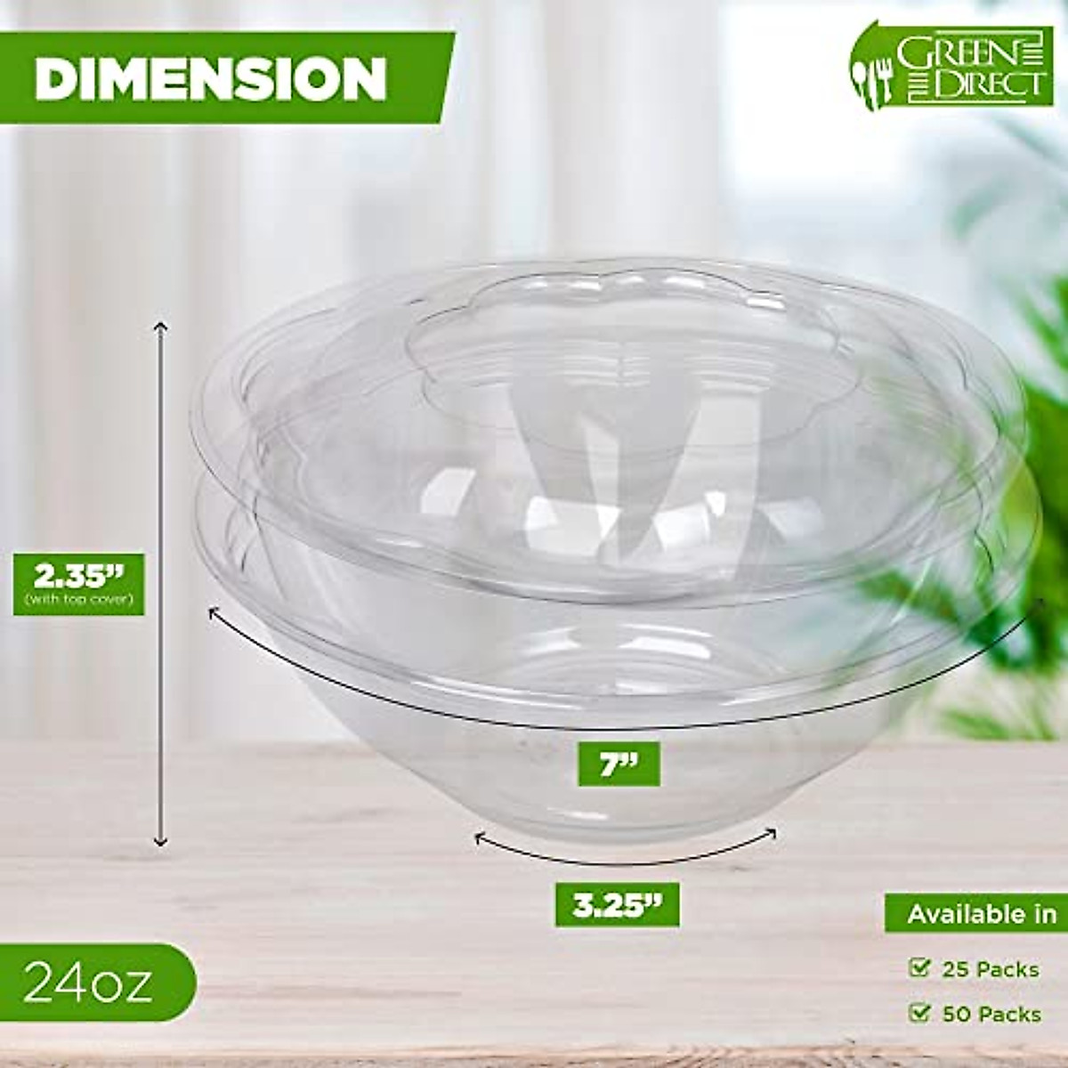 Green Direct 24 oz. Salad Containers with Lids - Pack of 50 | Clear Plastic Salad Bowls for Lunch, Serving, and Mixing