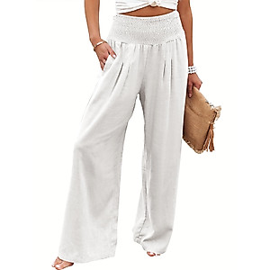 Caracilia Flowy Pants for Women Summer Beach Linen Wide Leg High WAIS Smocked Trousers Casual Lightweight Vacation Palazzo Lounge Pant with Pocket White C109A1-mibai-XL,X-Large