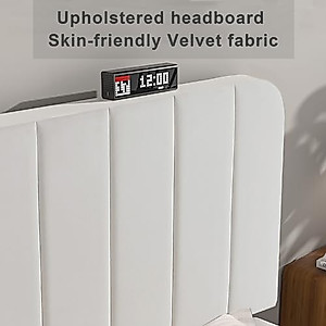 VECELO Twin Size Bed Frame with Adjustable Headboard, Velvet Heavy Duty Platform Beds with Strong Wood Slats Support, No Box Spring Needed, White