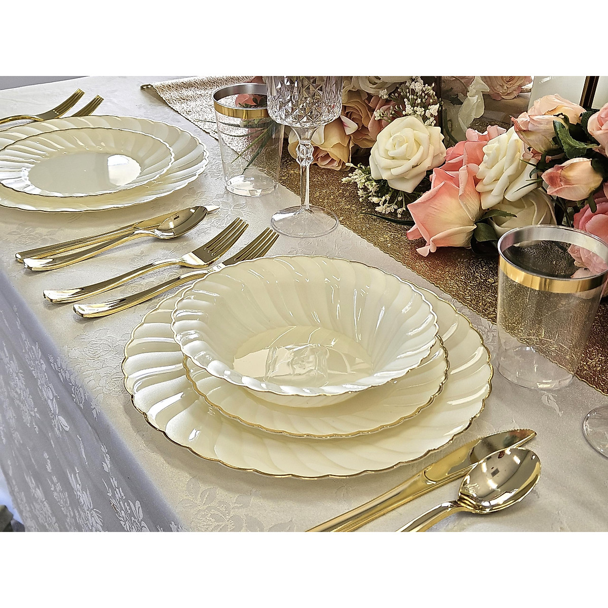 " OCCASIONS " 50 Plates Pack (25 Guests)-Vintage Wedding Party Disposable Plastic Plate Set -25 x 10.25'' Dinner + 25 x 7.5'' Salad/dessert plates (Blossom Ivory & Gold)
