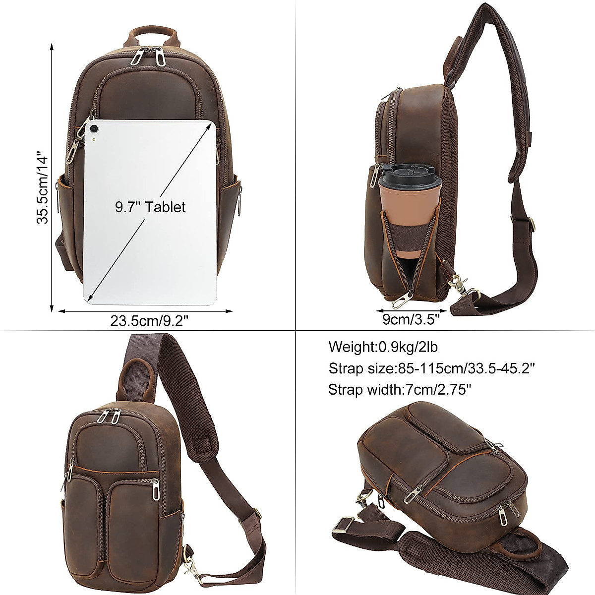 Masa Kawa Full Grain Leather Sling Crossbody Backpack Bags for Men Fits 9.7” Tablet Small Hiking Travel Shoulder Daypack Chest Bag, Vintage Brown