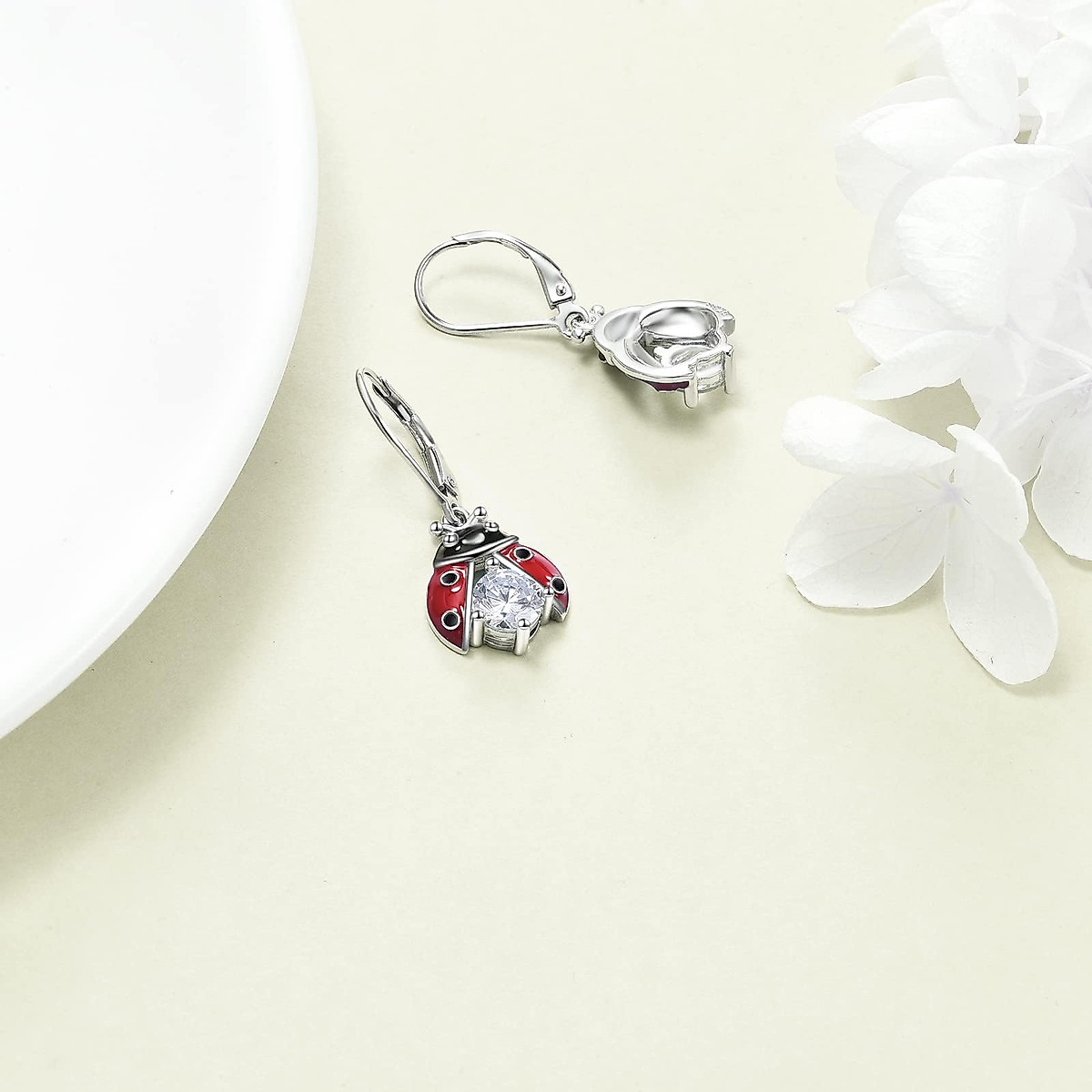 POPLYKE Ladybug Earrings for Women 925 Sterling Silver Ladybug Leverback Earrings Jewelry Ladybug Cubic-Zirconia (Red Ladybug)